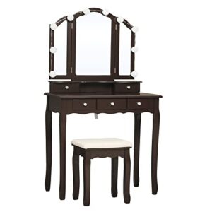 Tiptiper Vanity Desk, Makeup Vanity Set with Lighted Mirror and Stool, Dressing Table with 5 Drawers, 3 Light Settings & Adjustable Brightness, Espresso