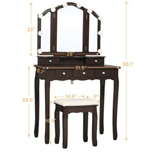 Tiptiper Vanity Desk, Makeup Vanity Set with Lighted Mirror and Stool, Dressing Table with 5 Drawers, 3 Light Settings & Adjustable Brightness, Espresso