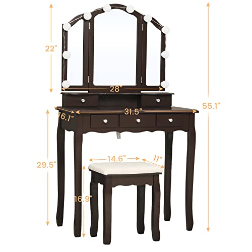 Tiptiper Vanity Desk, Makeup Vanity Set with Lighted Mirror and Stool, Dressing Table with 5 Drawers, 3 Light Settings & Adjustable Brightness, Espresso