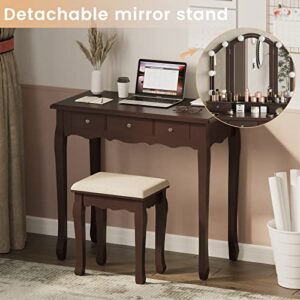 Tiptiper Vanity Desk, Makeup Vanity Set with Lighted Mirror and Stool, Dressing Table with 5 Drawers, 3 Light Settings & Adjustable Brightness, Espresso