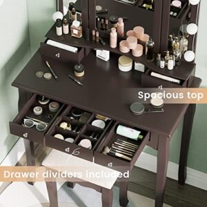 Tiptiper Vanity Desk, Makeup Vanity Set with Lighted Mirror and Stool, Dressing Table with 5 Drawers, 3 Light Settings & Adjustable Brightness, Espresso