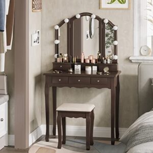 Tiptiper Vanity Desk, Makeup Vanity Set with Lighted Mirror and Stool, Dressing Table with 5 Drawers, 3 Light Settings & Adjustable Brightness, Espresso