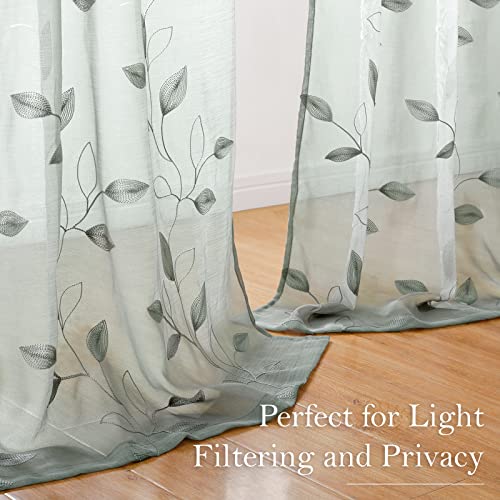 HOMEIDEAS Sage Green Sheer Curtains 52 X 84 Inches Long 2 Panels Embroidered Leaf Pattern Pocket Faux Linen Floral Semi Sheer Voile Window Curtains/Drapes for Bedroom Living Room