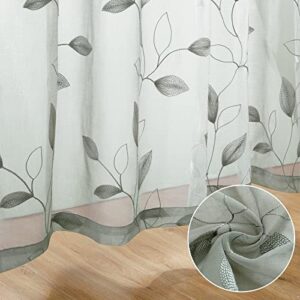 HOMEIDEAS Sage Green Sheer Curtains 52 X 84 Inches Long 2 Panels Embroidered Leaf Pattern Pocket Faux Linen Floral Semi Sheer Voile Window Curtains/Drapes for Bedroom Living Room