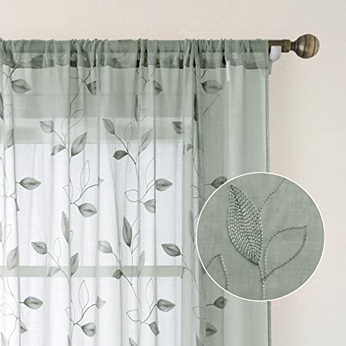 HOMEIDEAS Sage Green Sheer Curtains 52 X 84 Inches Long 2 Panels Embroidered Leaf Pattern Pocket Faux Linen Floral Semi Sheer Voile Window Curtains/Drapes for Bedroom Living Room