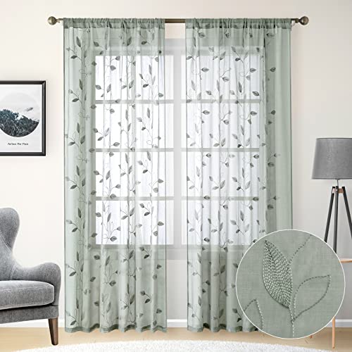 HOMEIDEAS Sage Green Sheer Curtains 52 X 84 Inches Long 2 Panels Embroidered Leaf Pattern Pocket Faux Linen Floral Semi Sheer Voile Window Curtains/Drapes for Bedroom Living Room