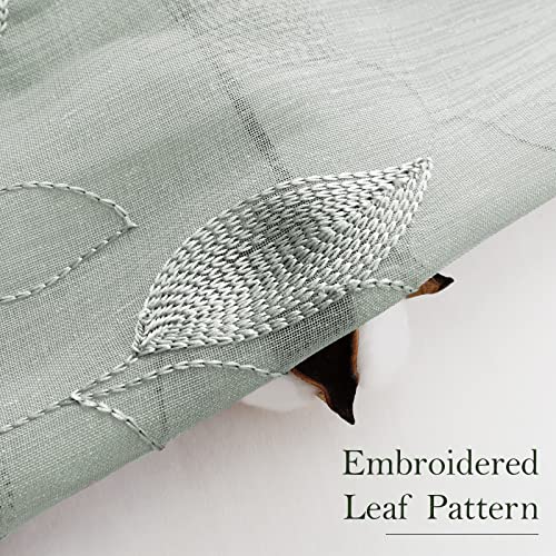 HOMEIDEAS Sage Green Sheer Curtains 52 X 84 Inches Long 2 Panels Embroidered Leaf Pattern Pocket Faux Linen Floral Semi Sheer Voile Window Curtains/Drapes for Bedroom Living Room