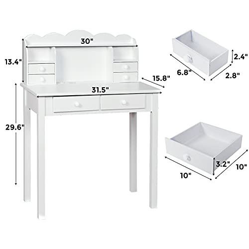 ADORNEVE Small White Writing Desk with Hutch and USB Ports, 31.5 inch Home Office Desk with Drawers, Study Table for Kids/Student, Makeup Dressing Table Save Space Gifts