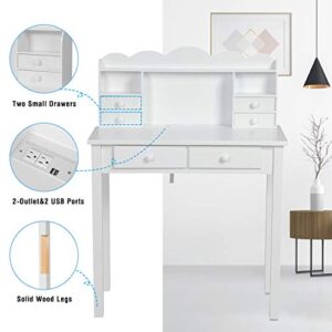 ADORNEVE Small White Writing Desk with Hutch and USB Ports, 31.5 inch Home Office Desk with Drawers, Study Table for Kids/Student, Makeup Dressing Table Save Space Gifts