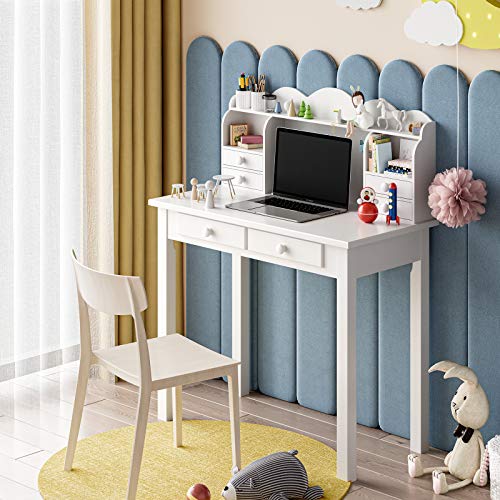 ADORNEVE Small White Writing Desk with Hutch and USB Ports, 31.5 inch Home Office Desk with Drawers, Study Table for Kids/Student, Makeup Dressing Table Save Space Gifts