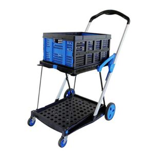 Folding Shopping Cart with Wheels, Collapsible Cart with Basket, 2-Layer Utility Carts, Outdoor Wagon for Groceries, Hand Truck (Folding Cart + Crate)