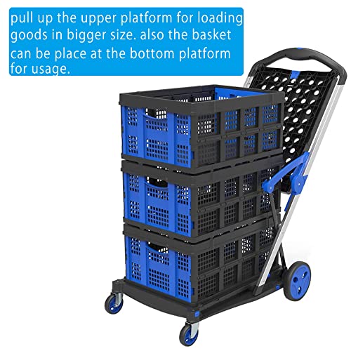 Folding Shopping Cart with Wheels, Collapsible Cart with Basket, 2-Layer Utility Carts, Outdoor Wagon for Groceries, Hand Truck (Folding Cart + Crate)