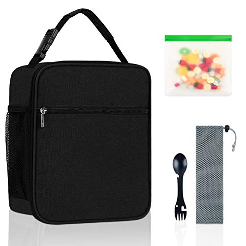 Nirroti Insulated Lunch Bag for Men Women Leakproof Reusable Lunch Box with Water Bottle Holder Mini Lunch Tote Bag, Soft Lunch Container Cooler Bag for Work Office, Black, With Tableware