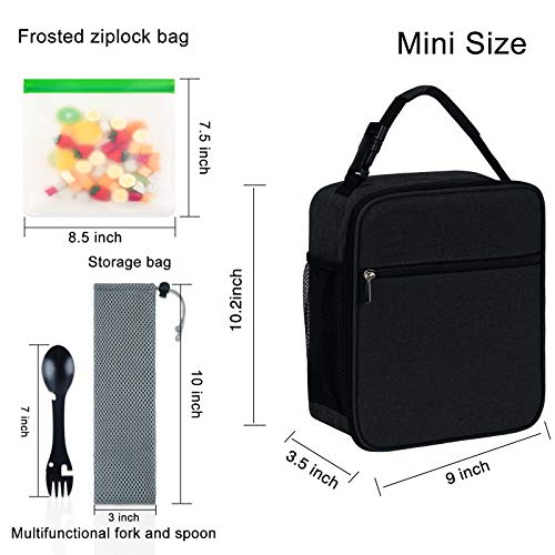 Nirroti Insulated Lunch Bag for Men Women Leakproof Reusable Lunch Box with Water Bottle Holder Mini Lunch Tote Bag, Soft Lunch Container Cooler Bag for Work Office, Black, With Tableware