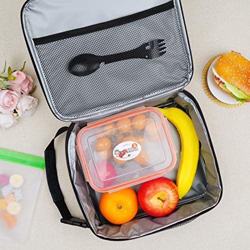 Nirroti Insulated Lunch Bag for Men Women Leakproof Reusable Lunch Box with Water Bottle Holder Mini Lunch Tote Bag, Soft Lunch Container Cooler Bag for Work Office, Black, With Tableware