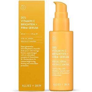 allies of skin 20% vitamin c brighten + firm serum: 20% ethylated l-ascorbic acid + orange extract complex with glutathione. waterless & antioxidant. firms & intensely brightens. for smooth, elastic skin 1 oz / 30 ml