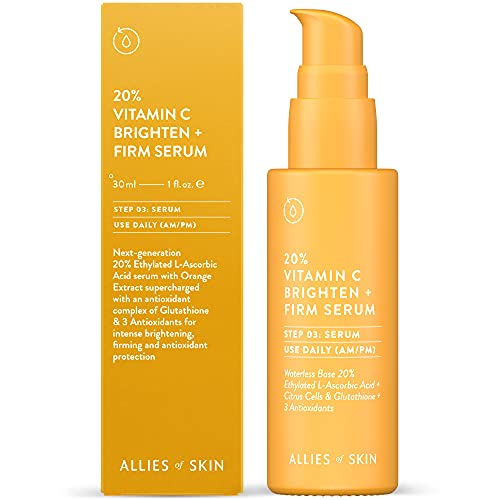 Allies of Skin 20% Vitamin C Brighten + Firm Serum: 20% Ethylated L-Ascorbic Acid + Orange Extract Complex with Glutathione. Waterless & Antioxidant. Firms & Intensely Brightens. For Smooth, Elastic Skin 1 oz / 30 ml