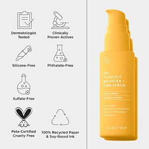 Allies of Skin 20% Vitamin C Brighten + Firm Serum: 20% Ethylated L-Ascorbic Acid + Orange Extract Complex with Glutathione. Waterless & Antioxidant. Firms & Intensely Brightens. For Smooth, Elastic Skin 1 oz / 30 ml