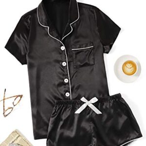 WDIRARA Women's Sleepwear Striped Satin Short Sleeve Shirt and Shorts Pajama Set Dull Black S