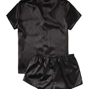 WDIRARA Women's Sleepwear Striped Satin Short Sleeve Shirt and Shorts Pajama Set Dull Black S