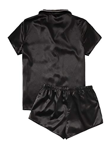 WDIRARA Women's Sleepwear Striped Satin Short Sleeve Shirt and Shorts Pajama Set Dull Black S