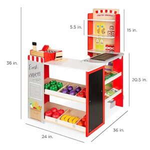 Best Choice Products Pretend Play Grocery Store Wooden Supermarket Toy Set for Kids w/Play Food, Chalkboard, Cash Register, Working Conveyor - Red