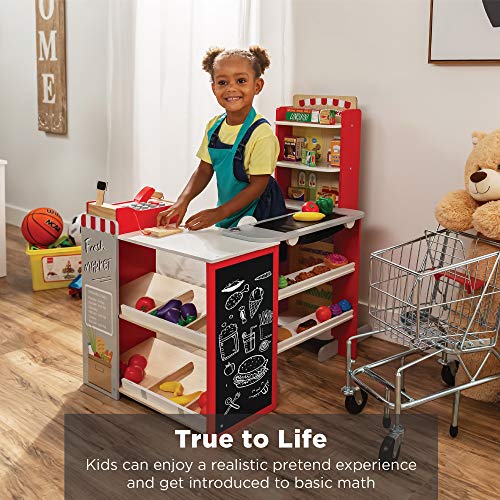 Best Choice Products Pretend Play Grocery Store Wooden Supermarket Toy Set for Kids w/Play Food, Chalkboard, Cash Register, Working Conveyor - Red