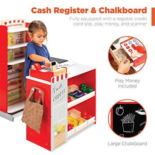 Best Choice Products Pretend Play Grocery Store Wooden Supermarket Toy Set for Kids w/Play Food, Chalkboard, Cash Register, Working Conveyor - Red