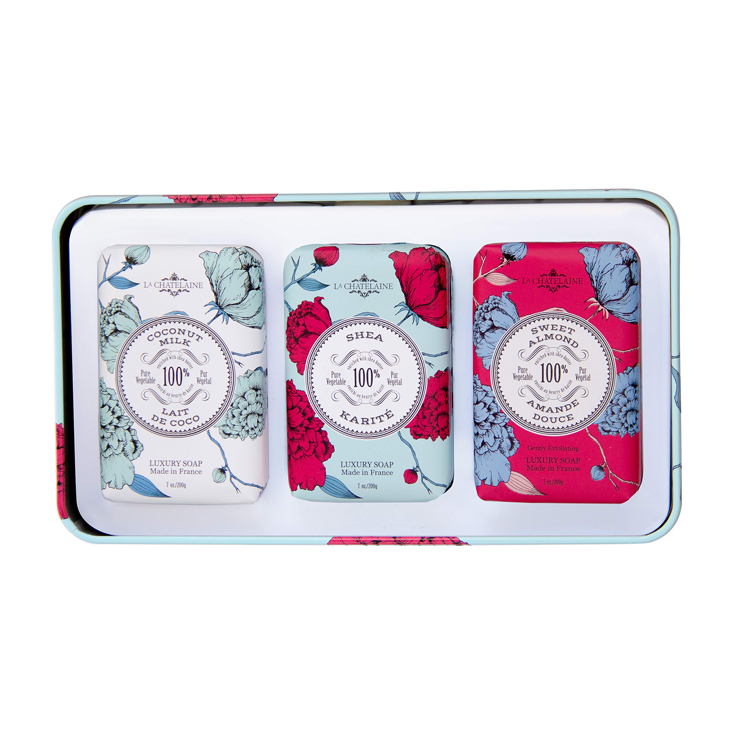 La Chatelaine Luxury Bar Soap Trio Gift Set Tin | Made in France | Natural and Organic | Shea Butter Formula | 3 x 7 oz / 200g -Aqua Soap Trio (Coconut Milk, Shea, Sweet Almond)