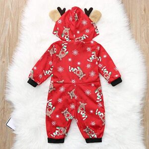 Matching Family Christmas Pajamas Sets Elk Antler Hooded Romper PJ's Zipper Jumpsuit Loungewear(Women,L)