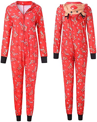 Matching Family Christmas Pajamas Sets Elk Antler Hooded Romper PJ's Zipper Jumpsuit Loungewear(Women,L)