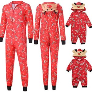 Matching Family Christmas Pajamas Sets Elk Antler Hooded Romper PJ's Zipper Jumpsuit Loungewear(Women,L)