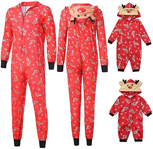 Matching Family Christmas Pajamas Sets Elk Antler Hooded Romper PJ's Zipper Jumpsuit Loungewear(Women,L)