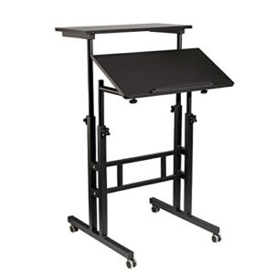 hadulcet mobile standing desk, standing computer desk adjustable height, standing laptop cart rolling computer desk, portable desk with wheels for home office classroom, black