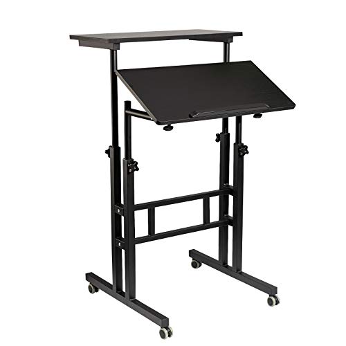 Hadulcet Mobile Standing Desk, Standing Computer Desk Adjustable Height, Standing Laptop Cart Rolling Computer Desk, Portable Desk with Wheels for Home Office Classroom, Black