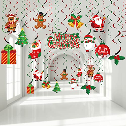 30 Pcs Christmas Hanging Foil Swirl Decorations Set Xmas Holiday Snowman Elk Sign Hanging Swirls Ceiling Decorations for Indoor Outdoor Xmas Holiday Party Supplies (Santa Bell Snowman)