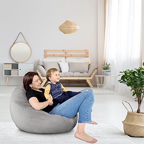 Delmach Bean Bag Stuffed Animal Storage Chair Cover (No Filler) for Kids and Adults. Extra Large Bird's Nest Beanbag Memory Foam Soft Premium (Light Grey Corduroy, Large)