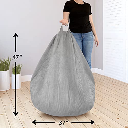 Delmach Bean Bag Stuffed Animal Storage Chair Cover (No Filler) for Kids and Adults. Extra Large Bird's Nest Beanbag Memory Foam Soft Premium (Light Grey Corduroy, Large)