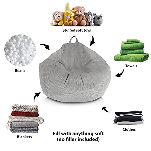 Delmach Bean Bag Stuffed Animal Storage Chair Cover (No Filler) for Kids and Adults. Extra Large Bird's Nest Beanbag Memory Foam Soft Premium (Light Grey Corduroy, Large)