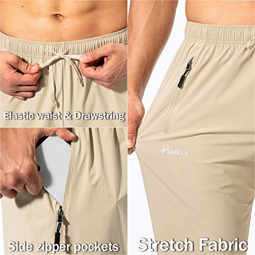 Pudolla Men's Workout Athletic Pants Elastic Waist Jogging Running Pants for Men with Zipper Pockets(Khaki XX-Large)