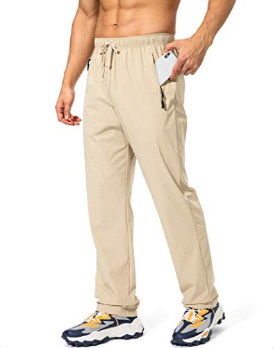 Pudolla Men's Workout Athletic Pants Elastic Waist Jogging Running Pants for Men with Zipper Pockets(Khaki XX-Large)