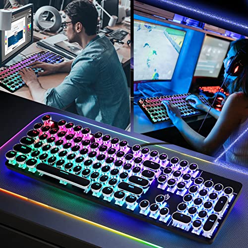 YSCP Typewriter Style Mechanical Gaming Keyboard RGB Backlit Wired with Blue Switch Retro Round Keycap 104 Keys Keyboard (Writertype Keyboard-104keys Black)