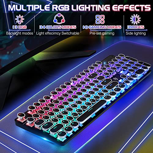 YSCP Typewriter Style Mechanical Gaming Keyboard RGB Backlit Wired with Blue Switch Retro Round Keycap 104 Keys Keyboard (Writertype Keyboard-104keys Black)