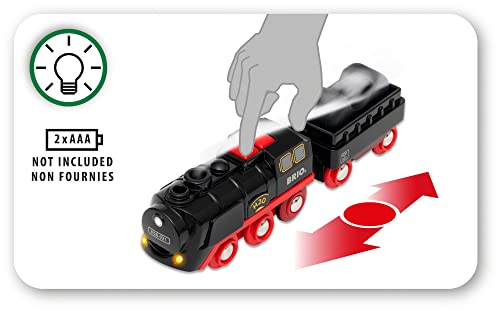 Brio World 33884 Battery-Operated Steaming Train | Toy Train with Light and Steam Effects for Kids Age 3 and Up, Black