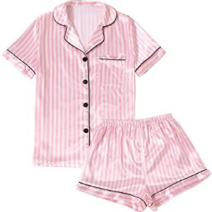 LYANER Women's Striped Silky Satin Pajamas Short Sleeve Top with Shorts Sleepwear PJ Set Pink X-Small