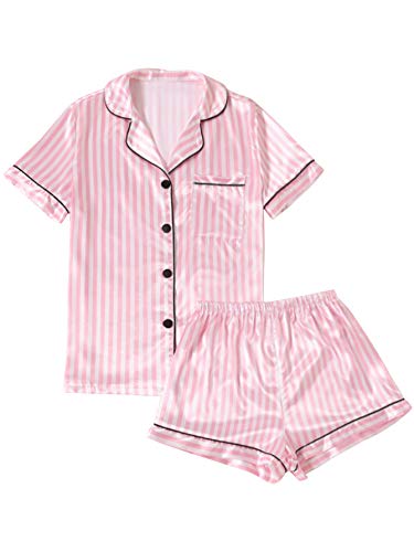 LYANER Women's Striped Silky Satin Pajamas Short Sleeve Top with Shorts Sleepwear PJ Set Pink X-Small