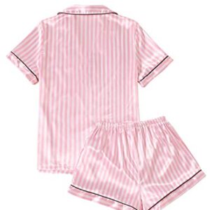 LYANER Women's Striped Silky Satin Pajamas Short Sleeve Top with Shorts Sleepwear PJ Set Pink X-Small