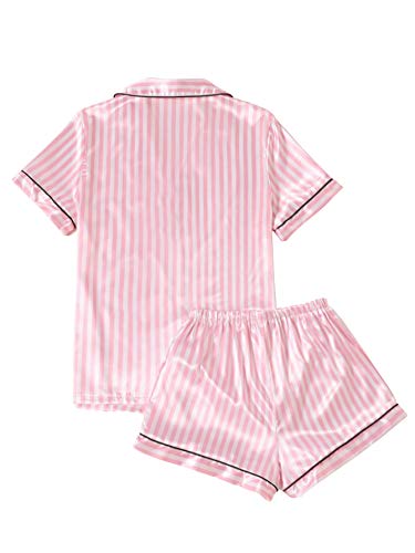 LYANER Women's Striped Silky Satin Pajamas Short Sleeve Top with Shorts Sleepwear PJ Set Pink X-Small