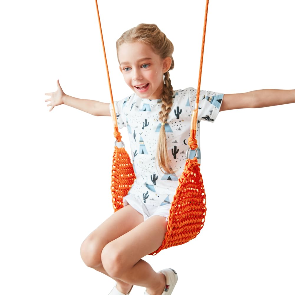 ROPECUBE Hand-Knitting Kids Swing, Indoor Outdoor Portable Tree Swing Seat,Adjustable Ropes, with Hanging Strap and Snap Hook for Camping Hiking Backyard Playset and Playroom, Easy Install(Orange)