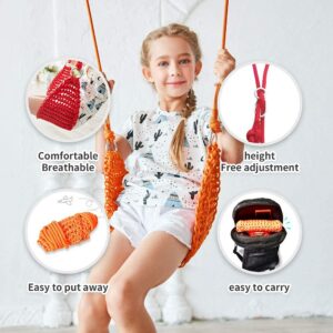 ROPECUBE Hand-Knitting Kids Swing, Indoor Outdoor Portable Tree Swing Seat,Adjustable Ropes, with Hanging Strap and Snap Hook for Camping Hiking Backyard Playset and Playroom, Easy Install(Orange)